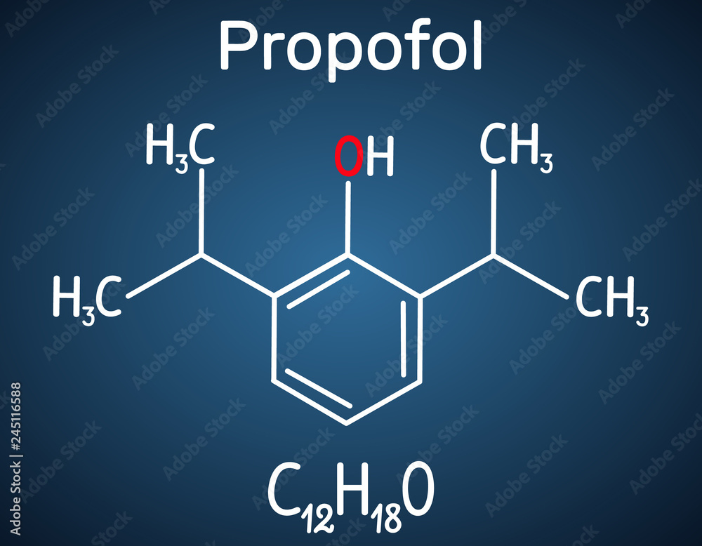 Propofol anesthetic drug molecule. Structural chemical formula on the ...