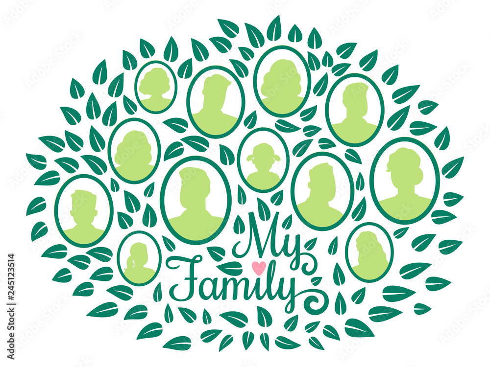 Genealogical family tree, my family green foliage vector illustration ...