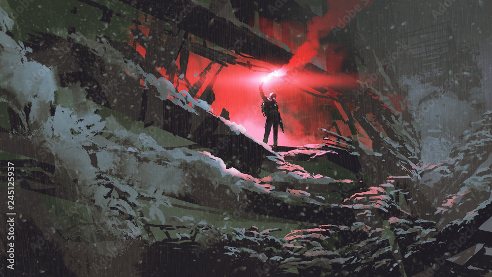 apocalypse world concept showing the man holding a red smoke flare in ...