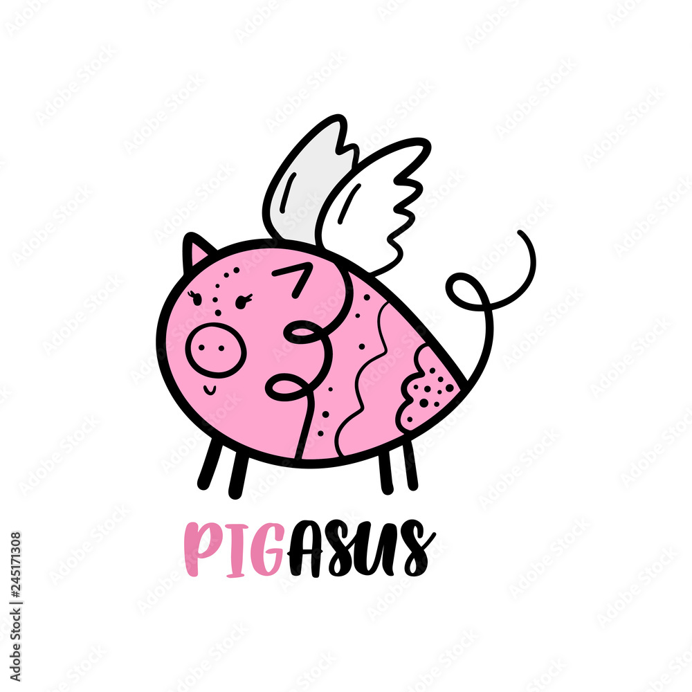 Vector funny pig pegasus art. Magical unipig. Stock Vector | Adobe Stock