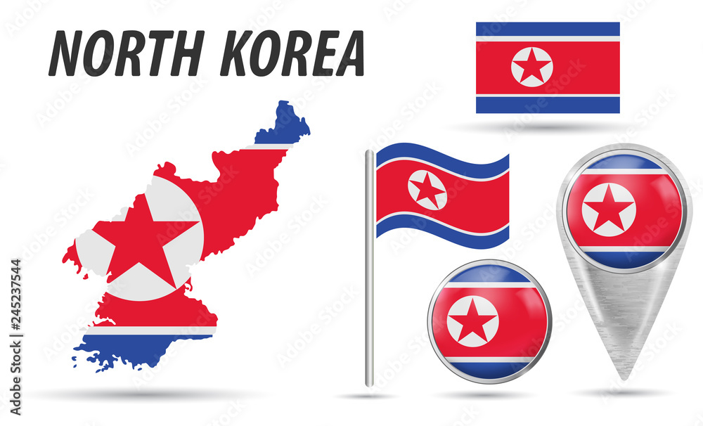 NORTH KOREA. Set flag, map pointer, button, waving flag, symbol, flat ... NORTH KOREA. Set flag, map pointer, button, waving flag, symbol, flat ...