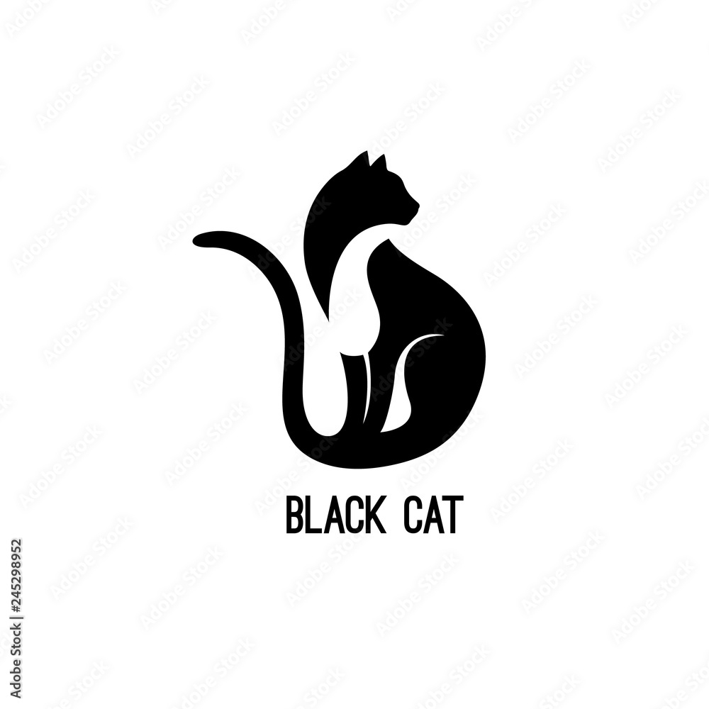 Black Cat Sitting and Looking Away. Vector Logo with Negative Space ...