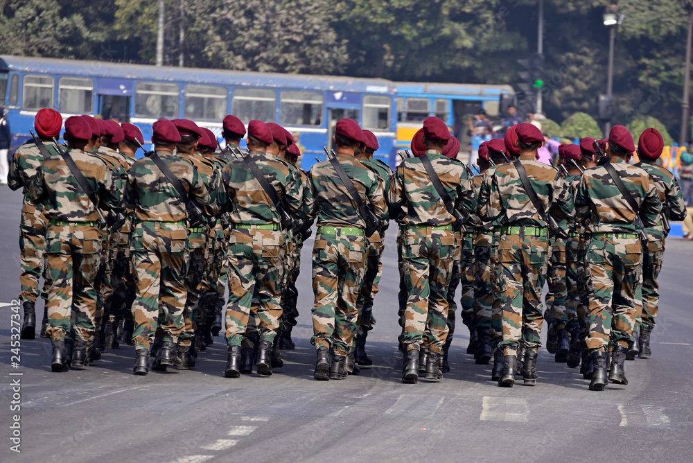 Calcutta, India - January 23, 2019: Indian army practice their parade ...