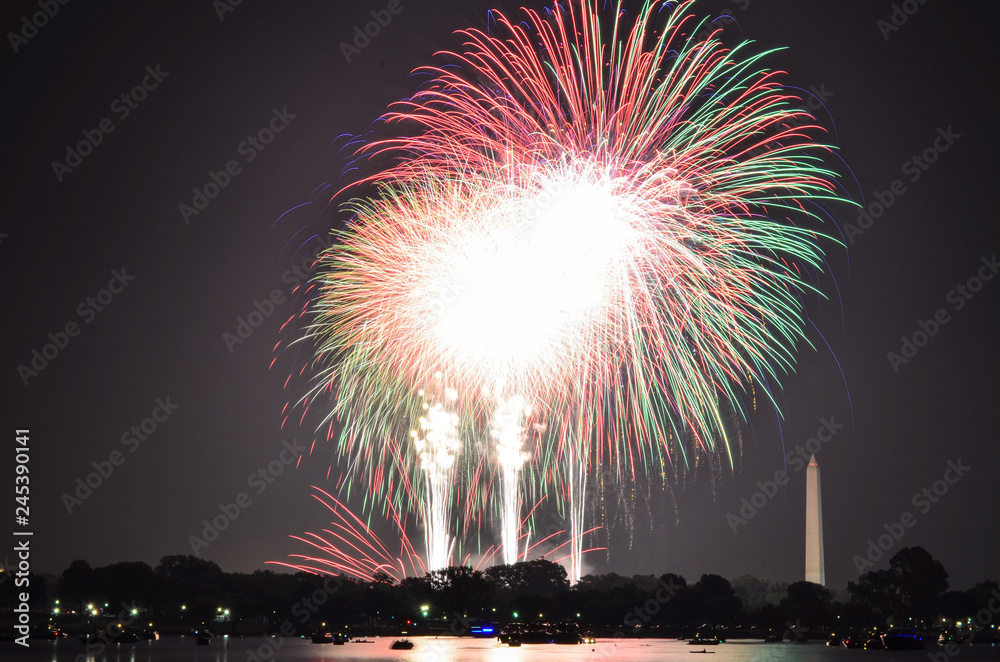 Fourth of July fireworks on the National Park tidal basin, with the ...