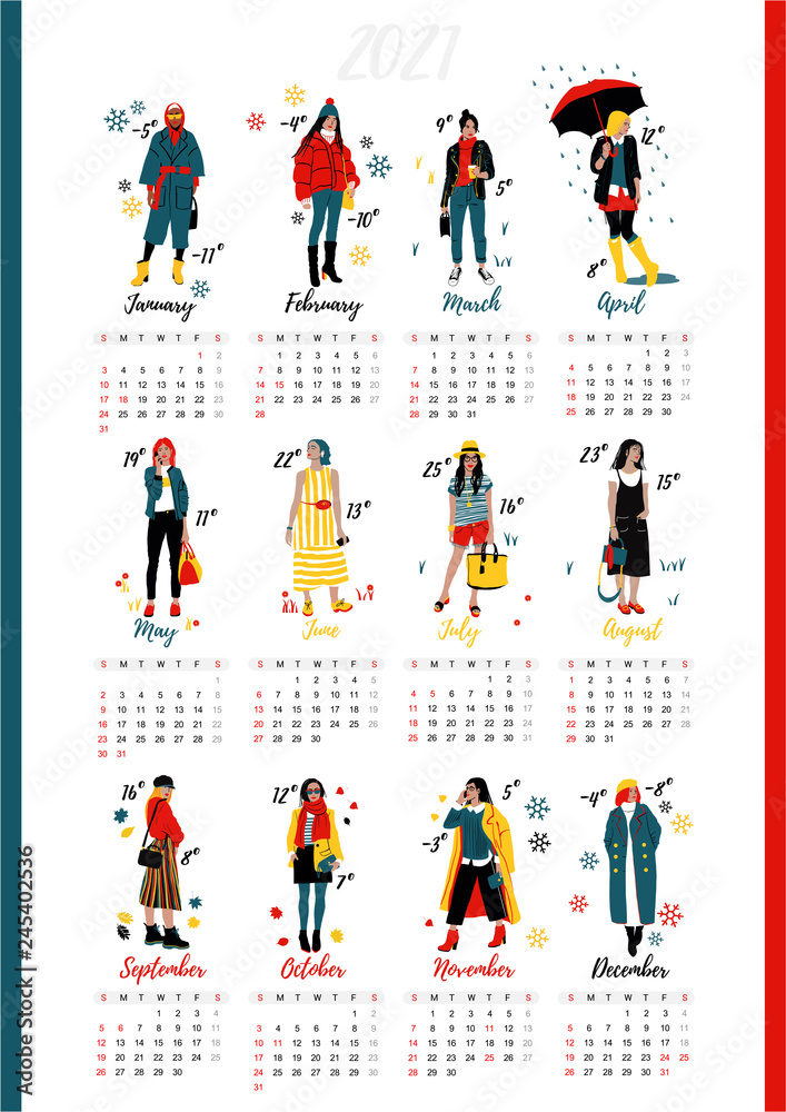 Twelve young women or girls wearing stylish clothing. Wall Calendar ...