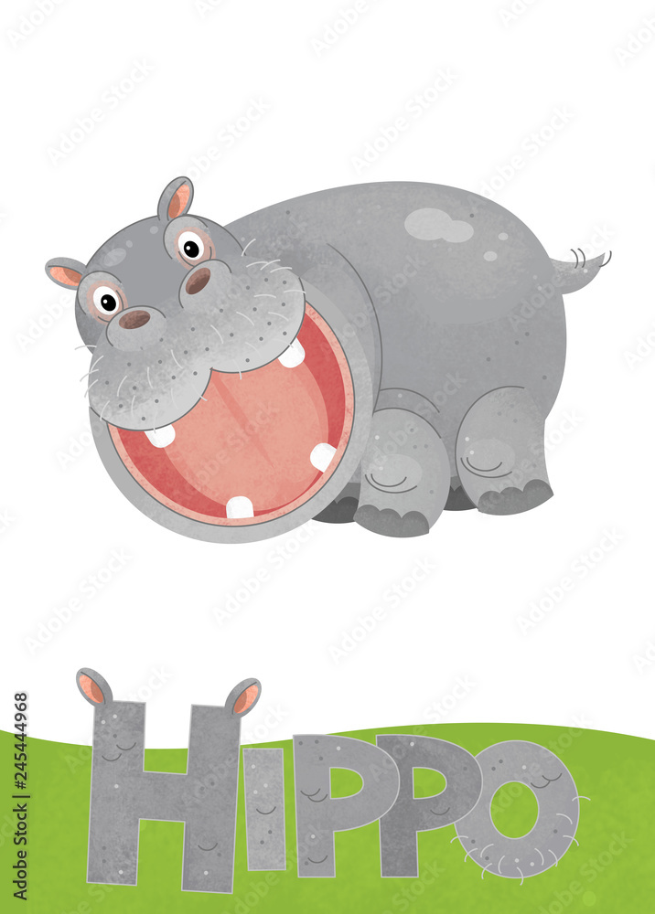 cartoon scene with hippo card on white background with name of animal ...