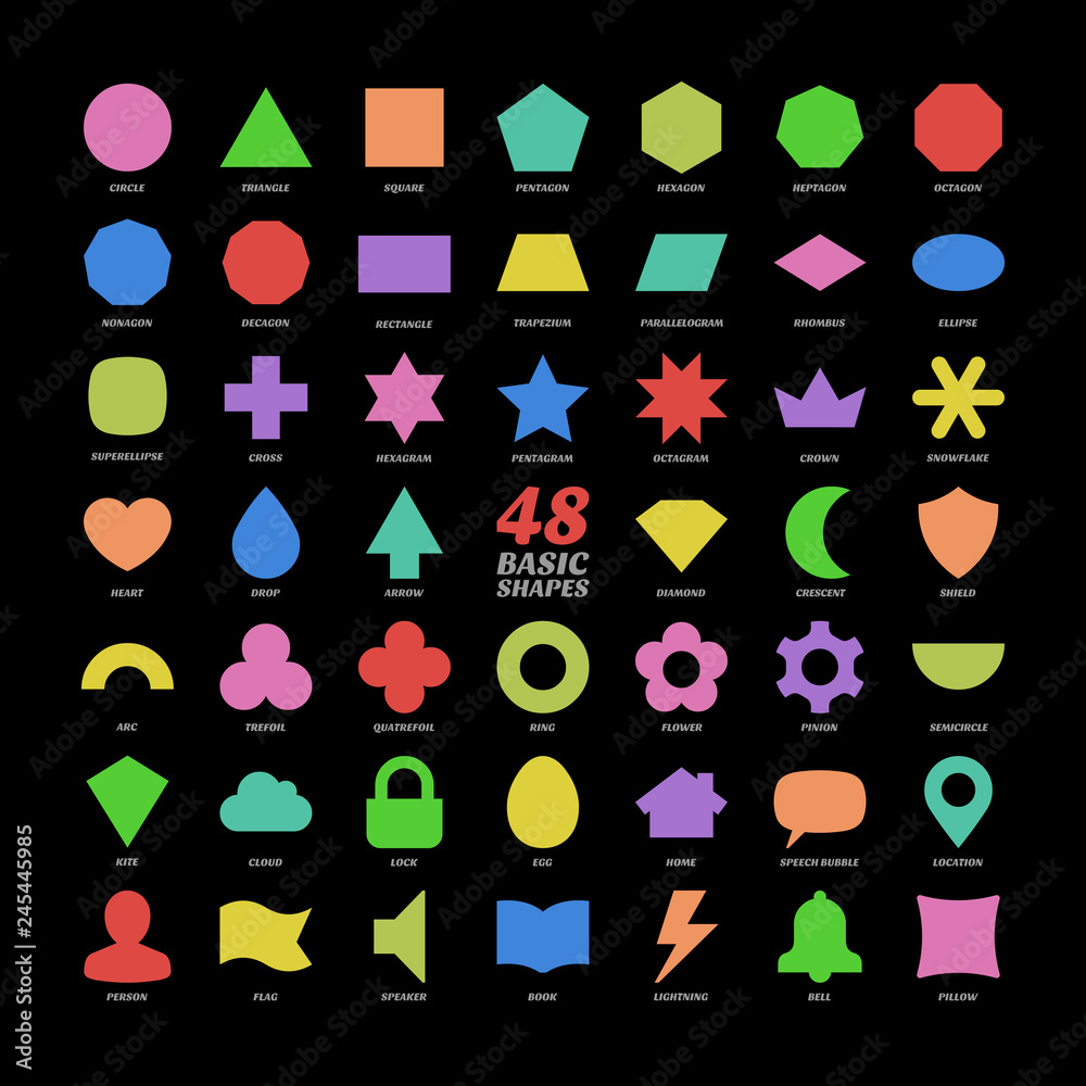 Kids flat geometric figures school large collection. Big vector set ...