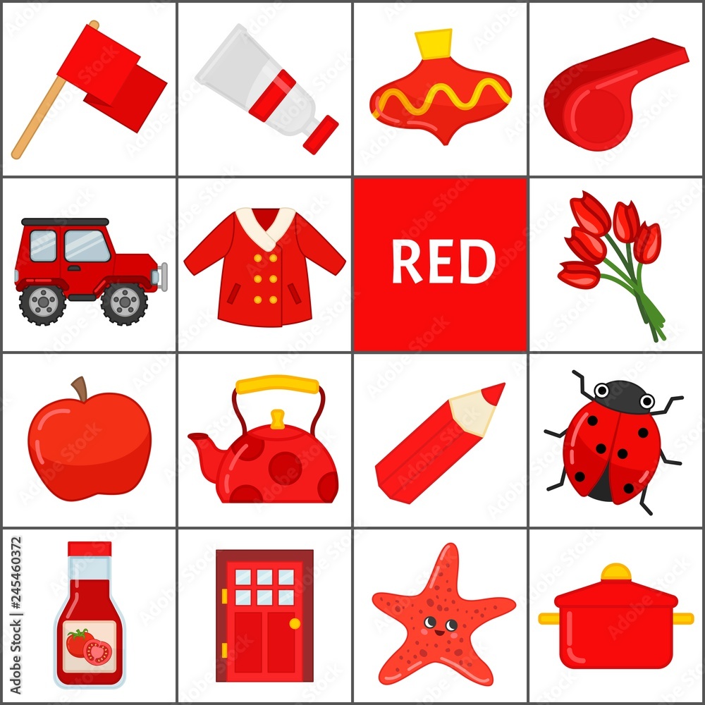 Learn the primary colors. Red. Different objects in red color ...