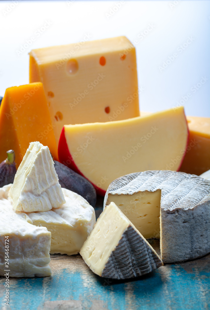Famous European cheeses in assortment, Dutch red ball Edam and old ...