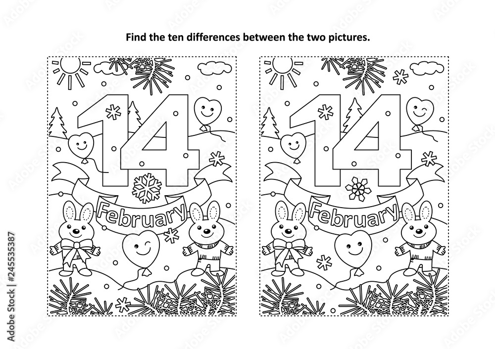 Valentine's Day find the ten differences picture puzzle and coloring ...