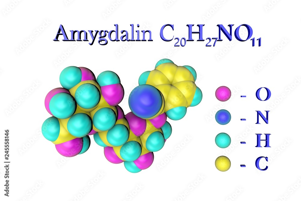 Molecular model of amygdalin, vitamin B17. Atoms are represented as ...