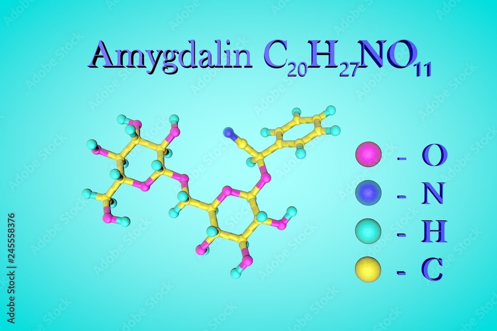 Illustration Stock Molecular model of amygdalin, vitamin B17. Atoms are ...