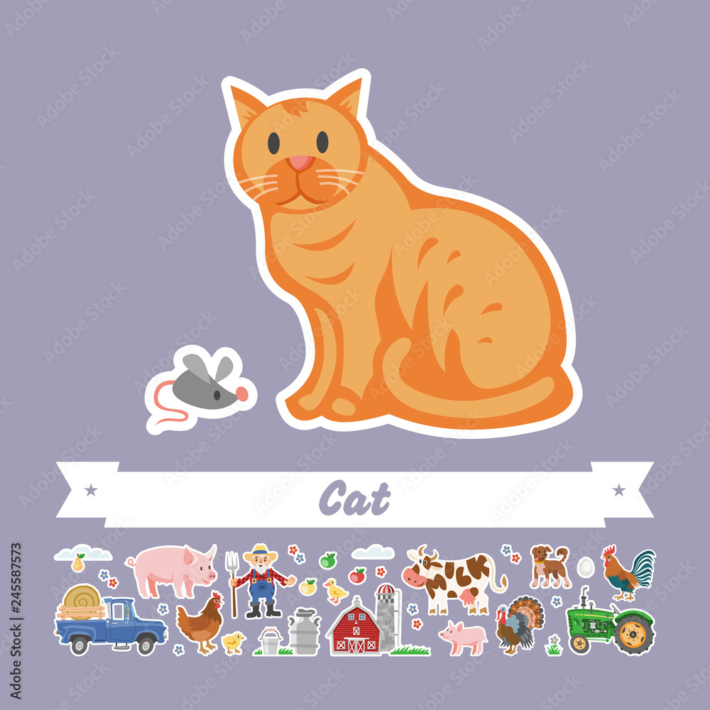 Vector flat illustration of cartoon cat and mouse. Comic isolated funny ...