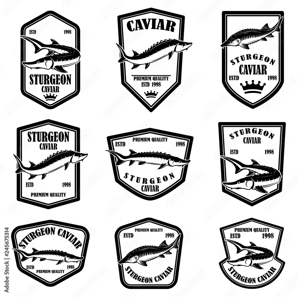 Set of sturgeon caviar labels. Design element for logo, label, emblem ...