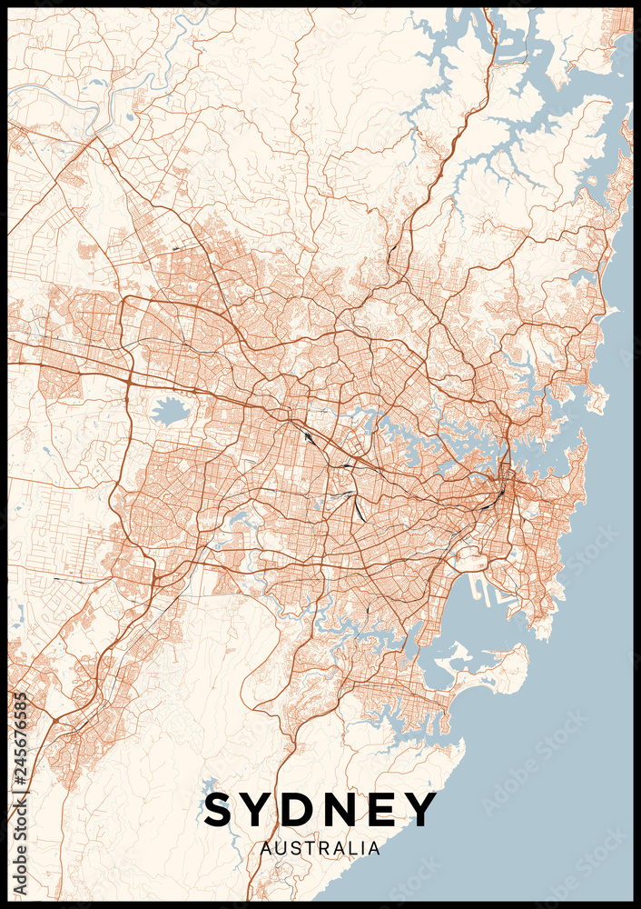Sydney (Australia) city map. Poster with map of Sydney in color. Scheme of streets and roads of ...