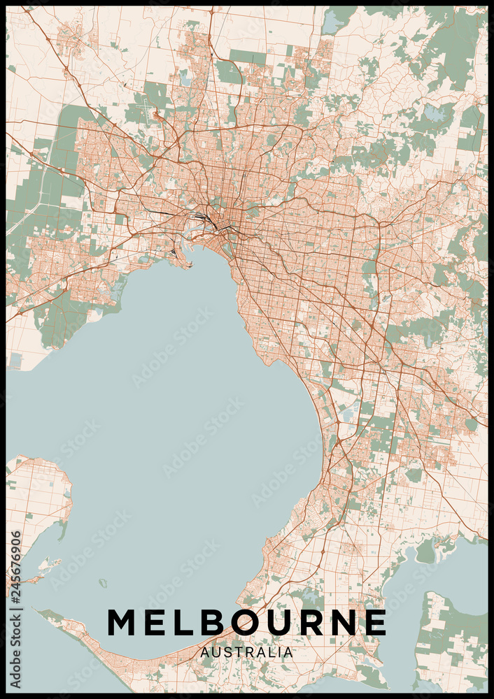 Melbourne (Australia) city map. Poster with map of Melbourne in color. Scheme of streets and ...