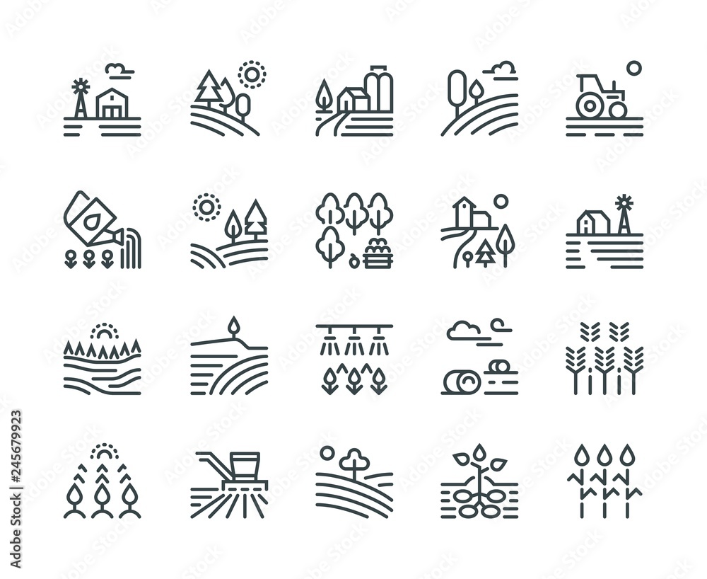Farming landscape line icons. Rural houses, planting vegetables and ...