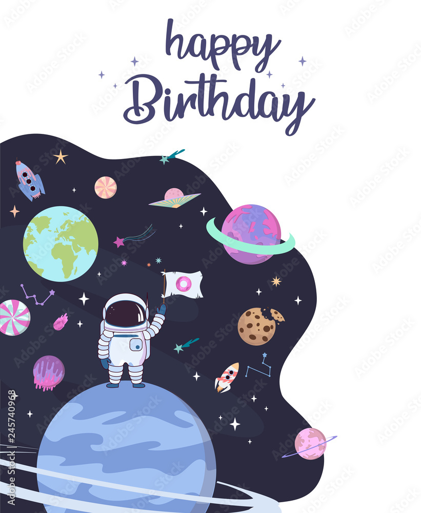 Sweet space cartoon poster with fantasy chocolate cookie, candy, donut ...