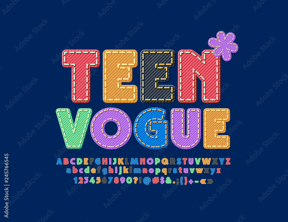 Vector Stylish Sign Teen Vogue. Jeans texture Font. Bright Alphabet ...
