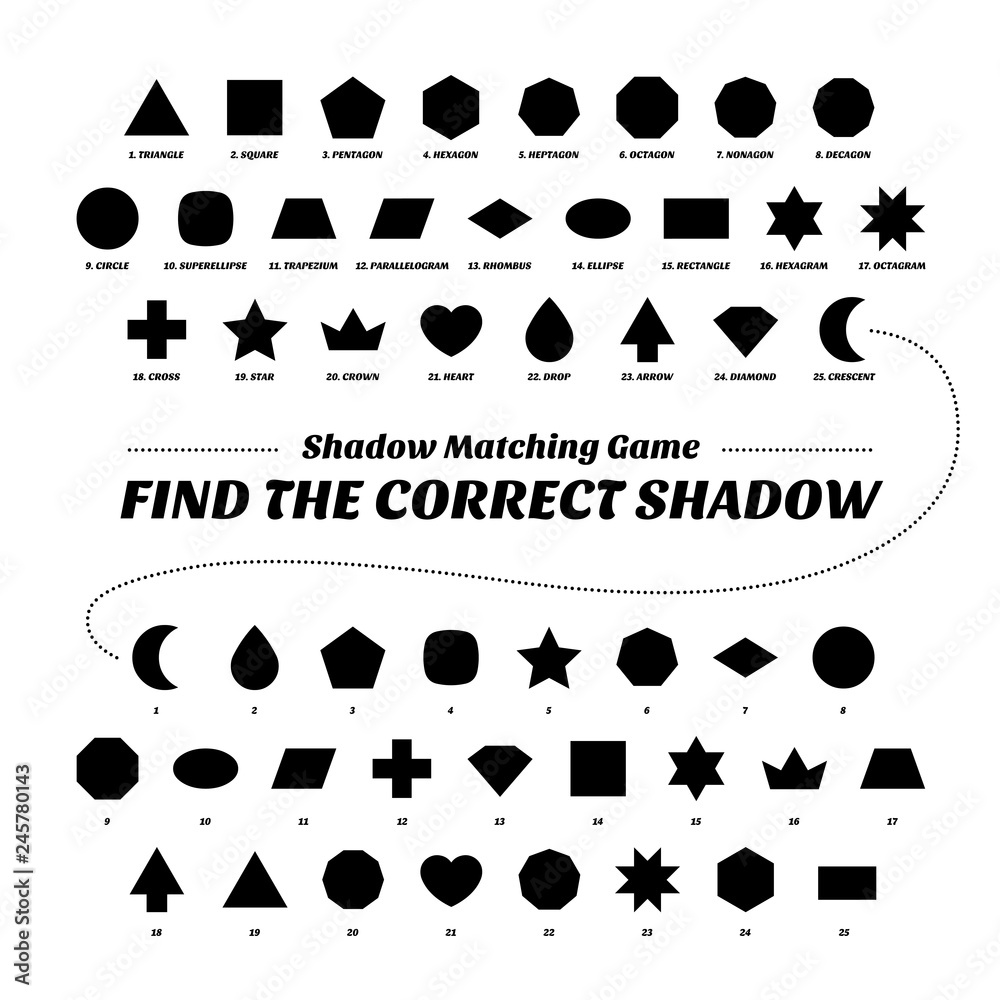 Shadow matcing game. Black version. Find the correct figures. Cartoon ...