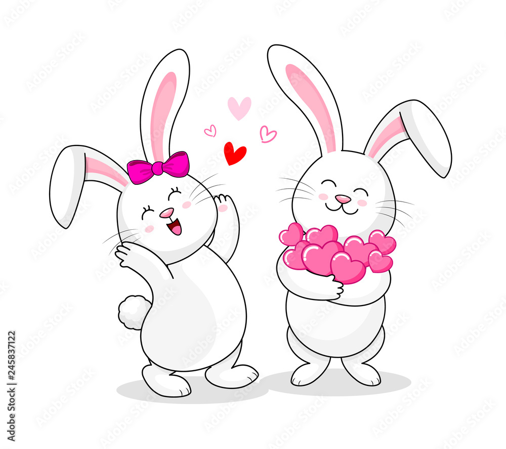 Cute cartoon white rabbits holding love hearts. Happy Valentine's day ...