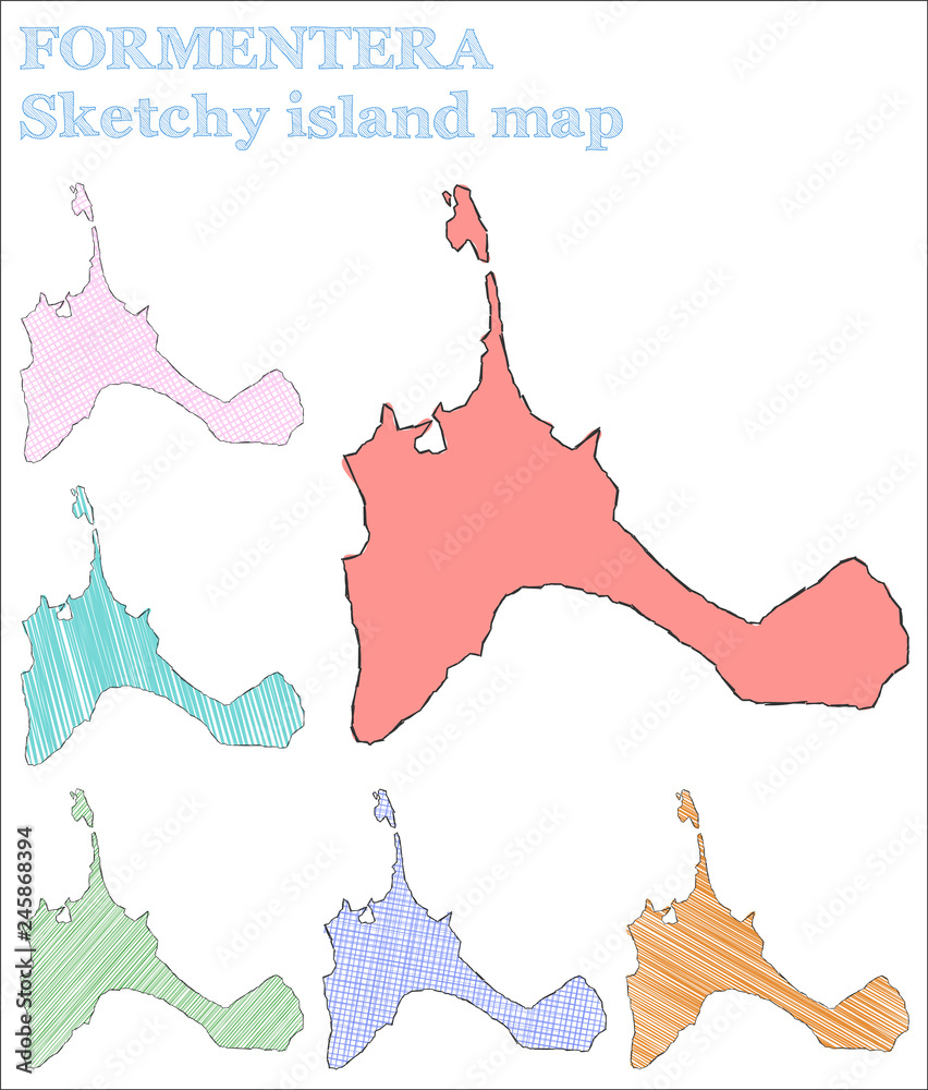 Formentera sketchy island map. Neat hand-drawn island illustration in a ...