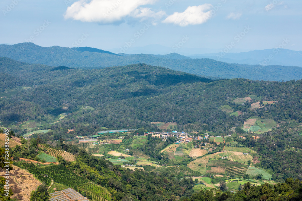 mountain scape of village, agriculture plantation in the valley of Mon ...