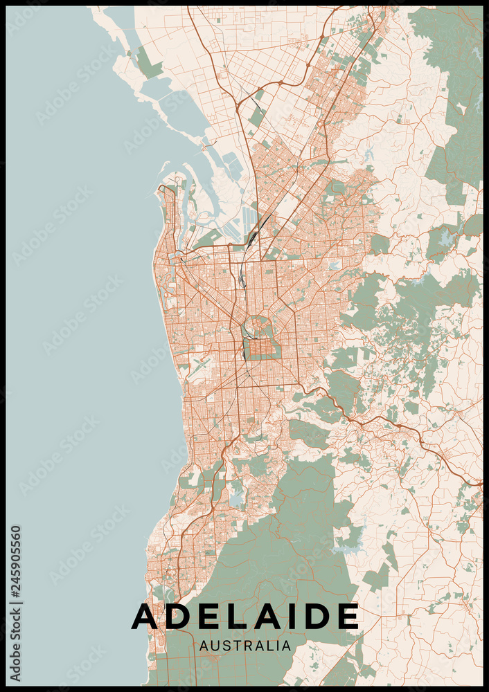 Adelaide (Australia) city map. Poster with map of Adelaide in color ...