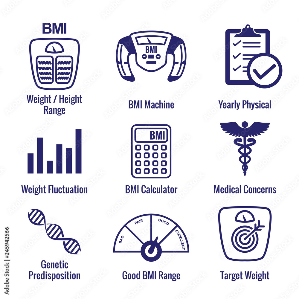 BMI / Body Mass Index Icons w scale, indicator, & calculator Stock ...
