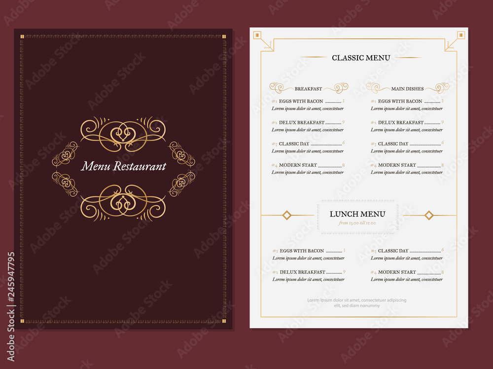 Vintage elegant menu template background for restaurant with golden ...