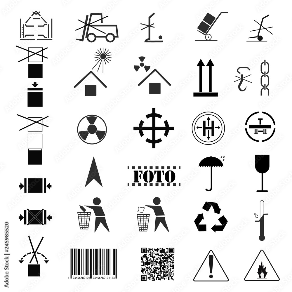 Vector drawing, Image of collection of packing symbols. Cargo marking ...