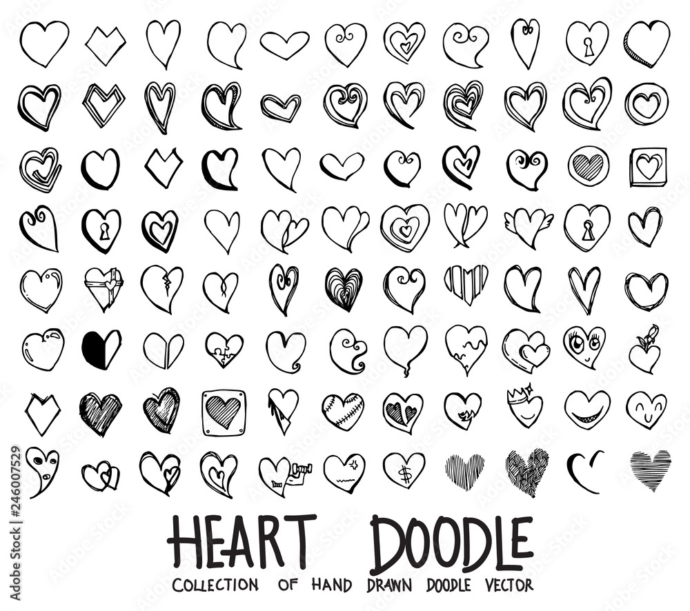 Set of Hearts icons Drawing illustration Hand drawn doodle Sketch line ...