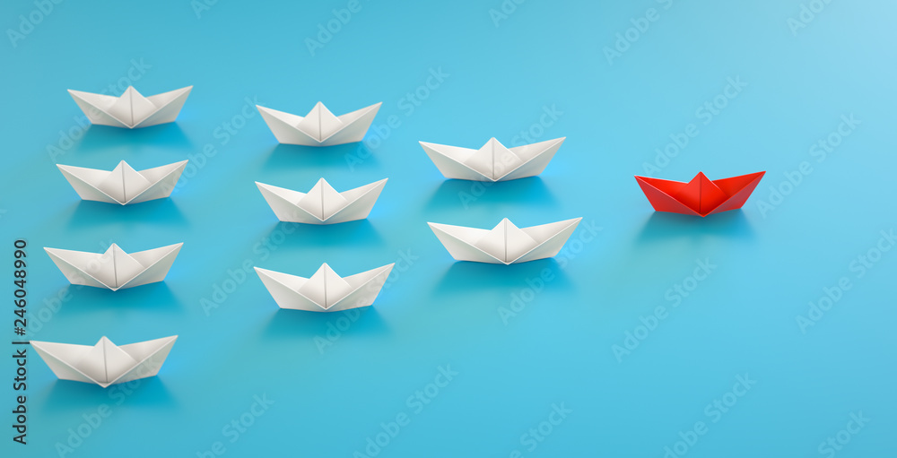 paper boat leadership concept - red paper boat leading the row Stock ...
