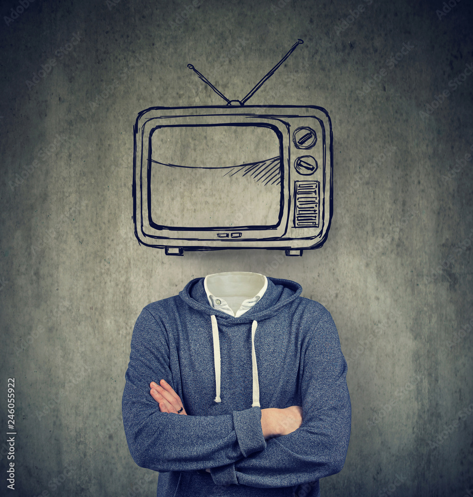 addicted man with television instead of his head on gray background ...