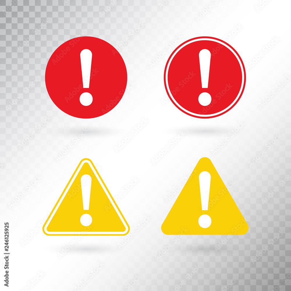 Warning symbol set. Exclamation mark in red circle. Attention button in ...