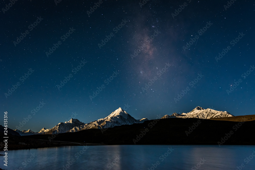 Chandratal lake with milkyway background on full moon night. The ...