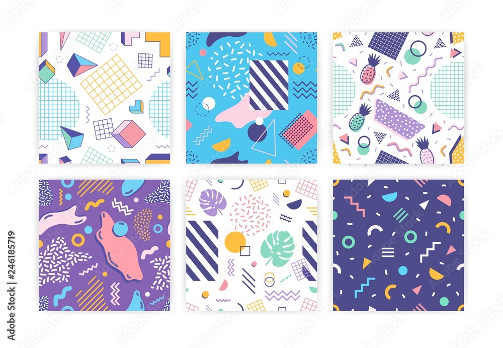 Bundle of seamless patterns with geometric shapes, tropical fruits ...