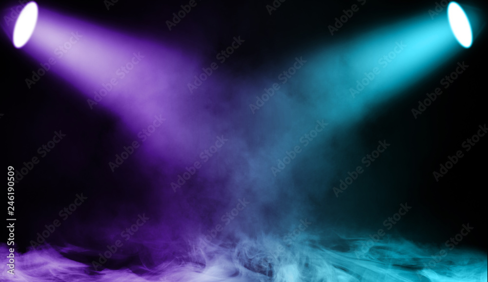 Colorful projector. Spotlight stage with smoke on the floor . Isolated ...