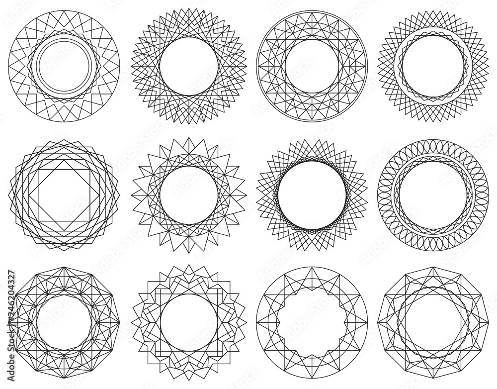 Set of round ornaments. Border made of lines. Geometric pattern. Circle ...