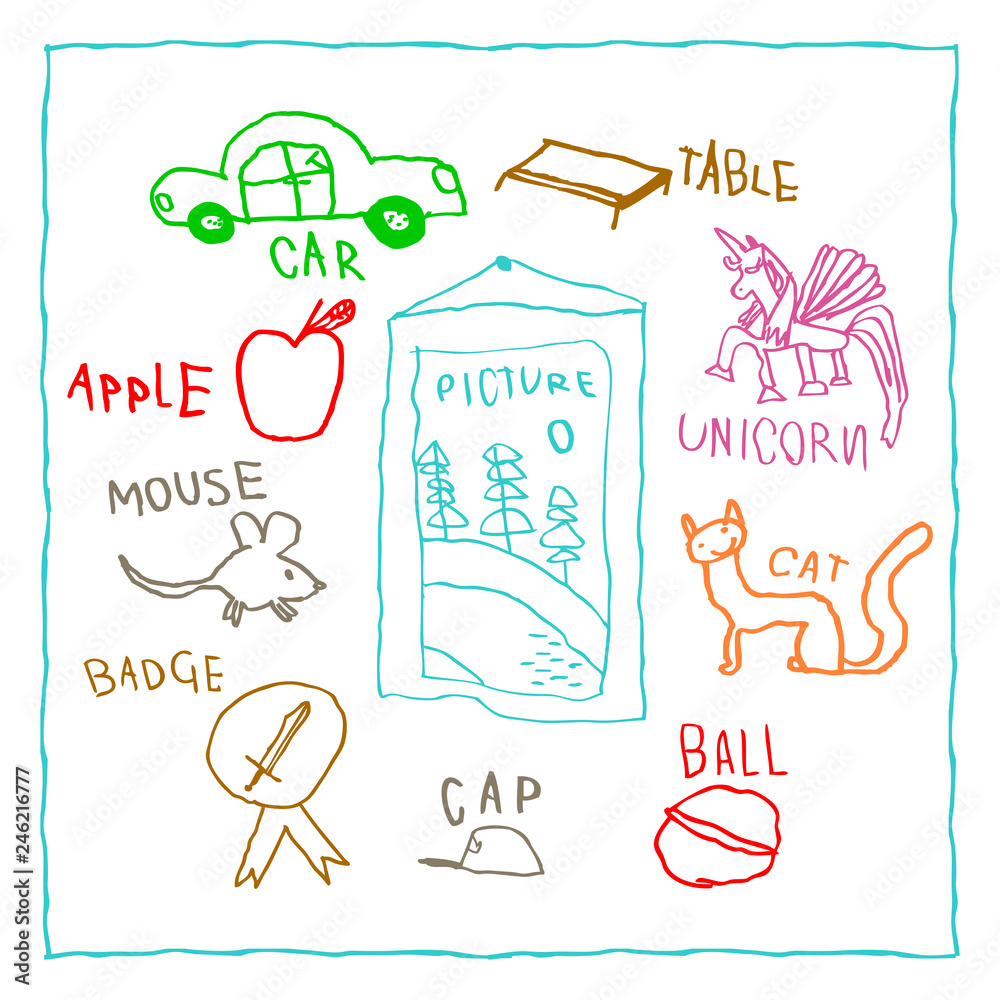 Vector Children's drawing outline objects with names. Picture, cat ...