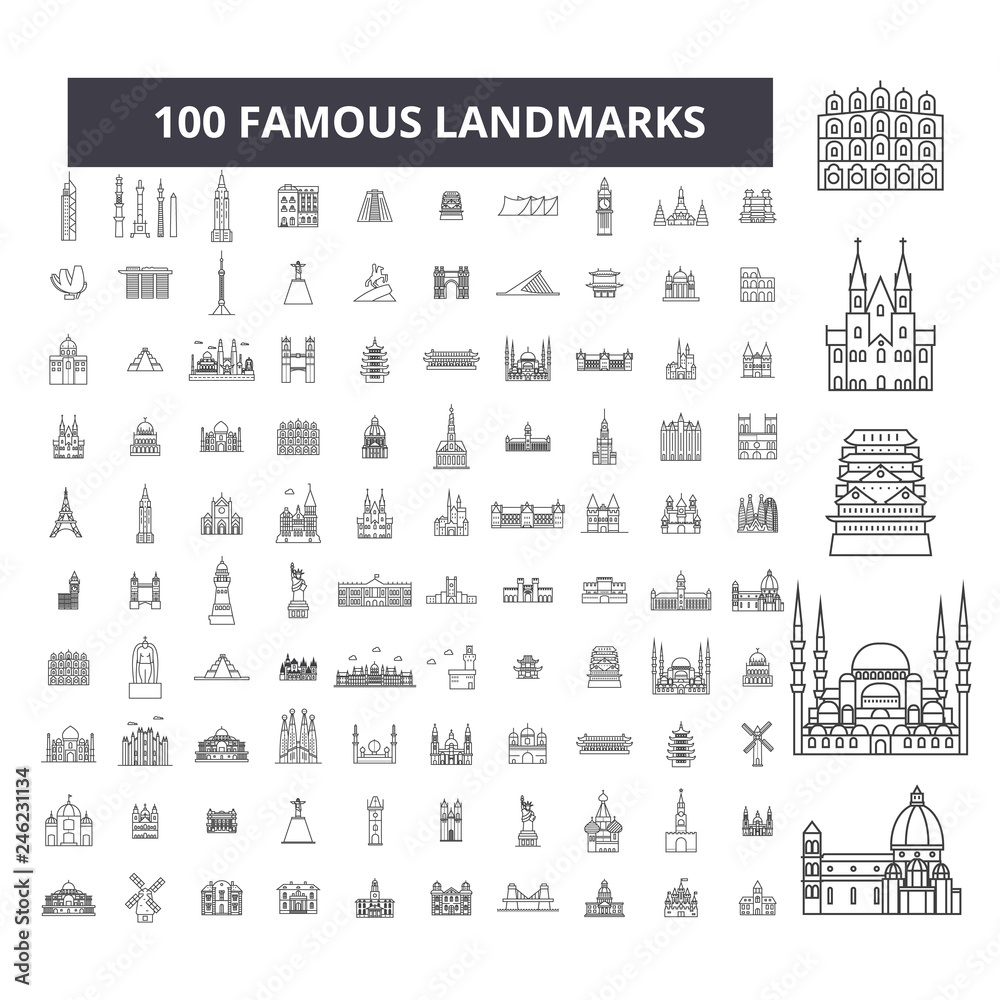 Famous landmarks editable line icons, 100 vector set on white ...
