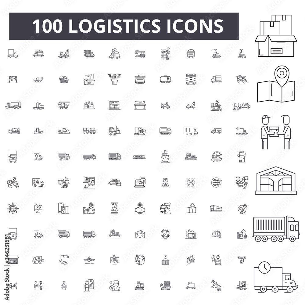 Logistics editable line icons, 100 vector set on white background ...