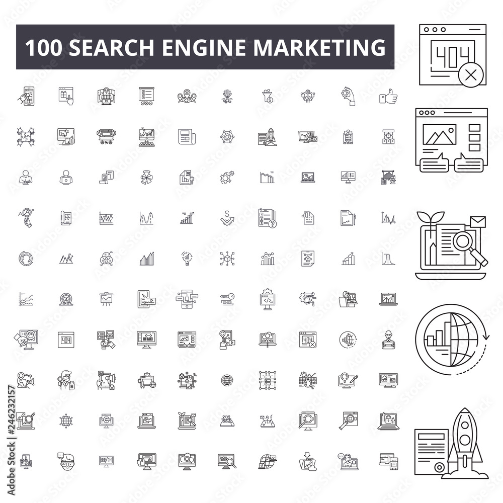 Search engine marketing editable line icons, 100 vector set on white ...