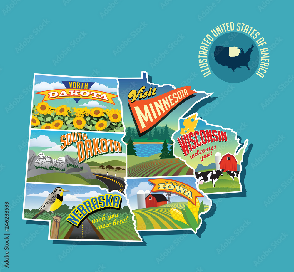 Illustrated pictorial map of Midwest United States. Includes North and ...