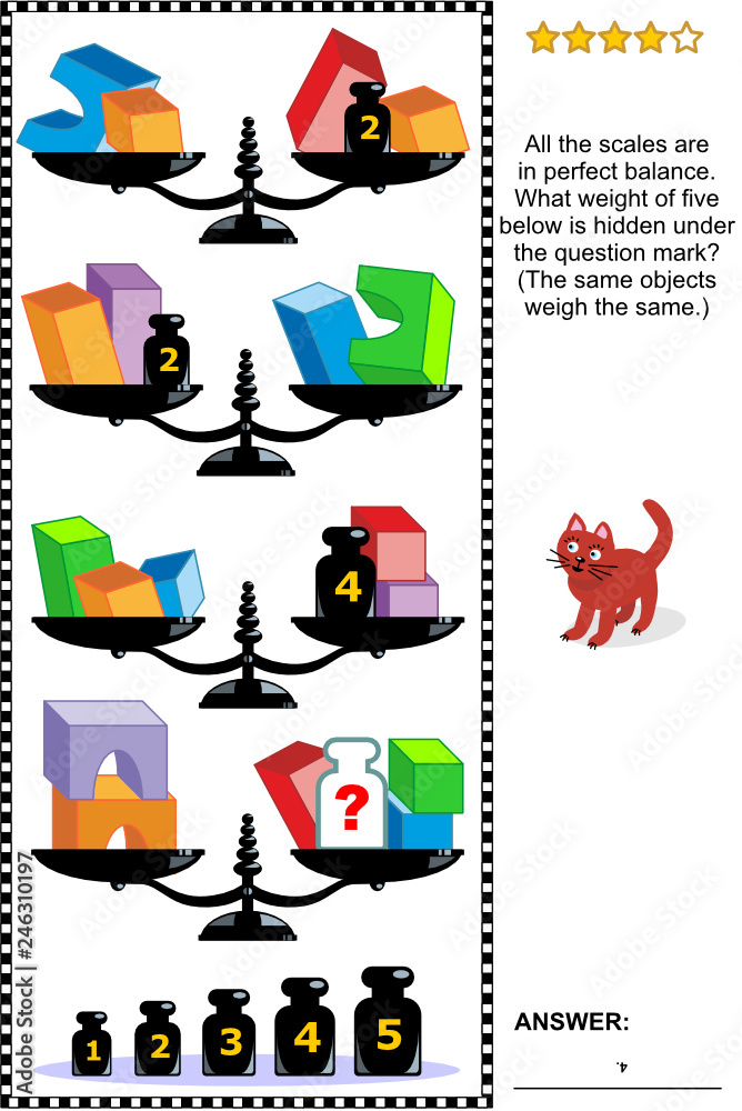 Vector de Stock IQ training visual math puzzle with scales, weights ...