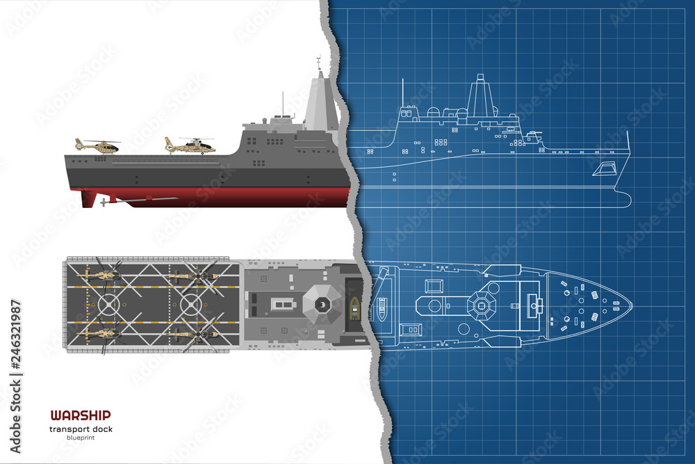 Outline blueprint of military ship. Top, front and side view ...