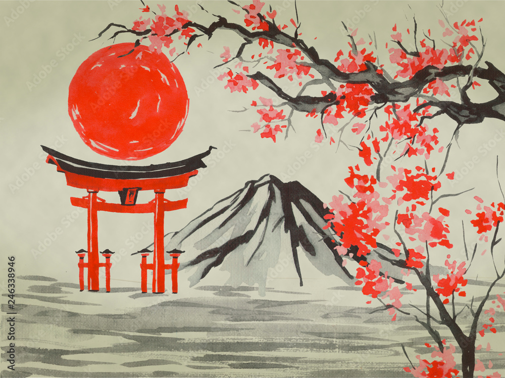 Japan traditional sumi-e painting. Watercolor and ink illustration in ...