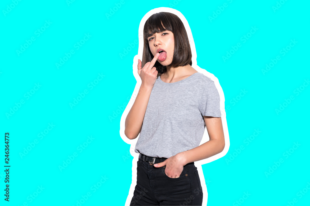 Collage in magazine young pretty woman showing middle finger, impolite ...