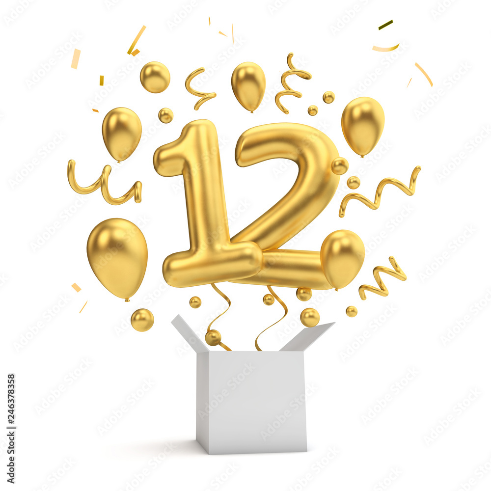 Happy 12th birthday gold surprise balloon and box. 3D Rendering Stock ...