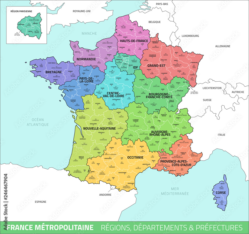 Vector de Stock Carte de France - Régions, départements et préfectures ...